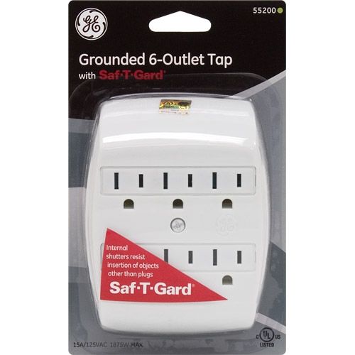 GE SU55200 6-Outlet Grounded In-Wall Tap w/Saf-T-Gard, White Detail Page